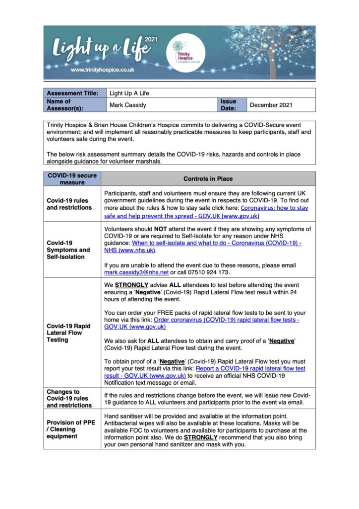 LUAL - Volunteer - Covid-19 Risk Assessment Summary - Trinity Hospice